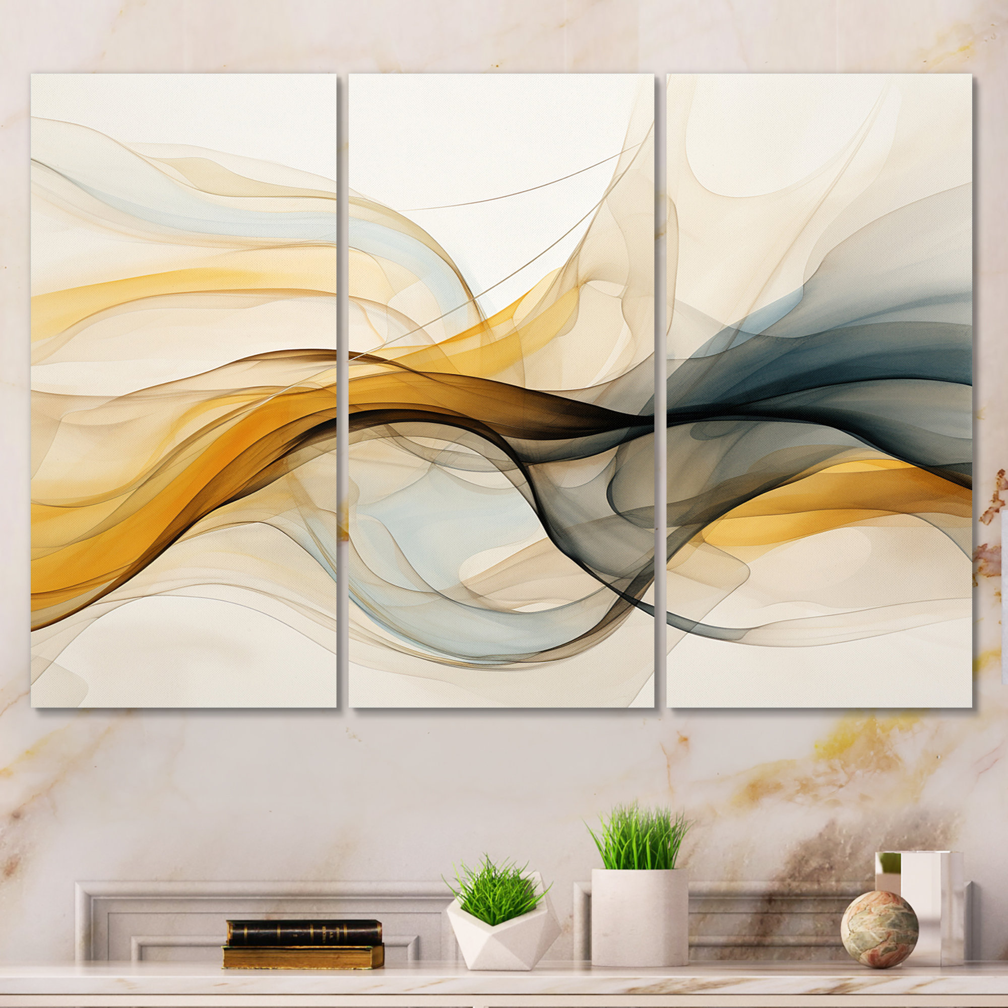 Design Art Undefined Continuation Liquid Retro Waves - Abstract Shapes Wall Art Living Room Set ...